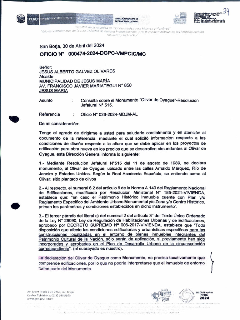 Oficio Ministerio de Cultura 000474-2024-Dgpc-Vmpcicmc | PDF