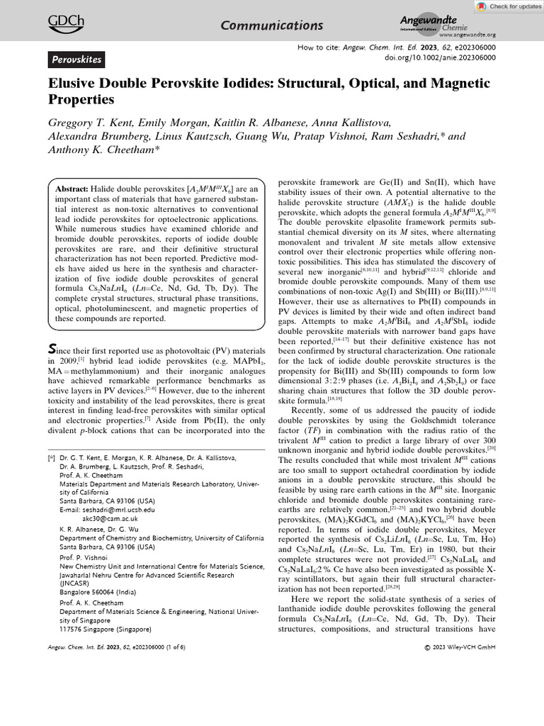 Angew Chem Int Ed - 2023 - Kent - Elusive Double Perovskite Iodides ...