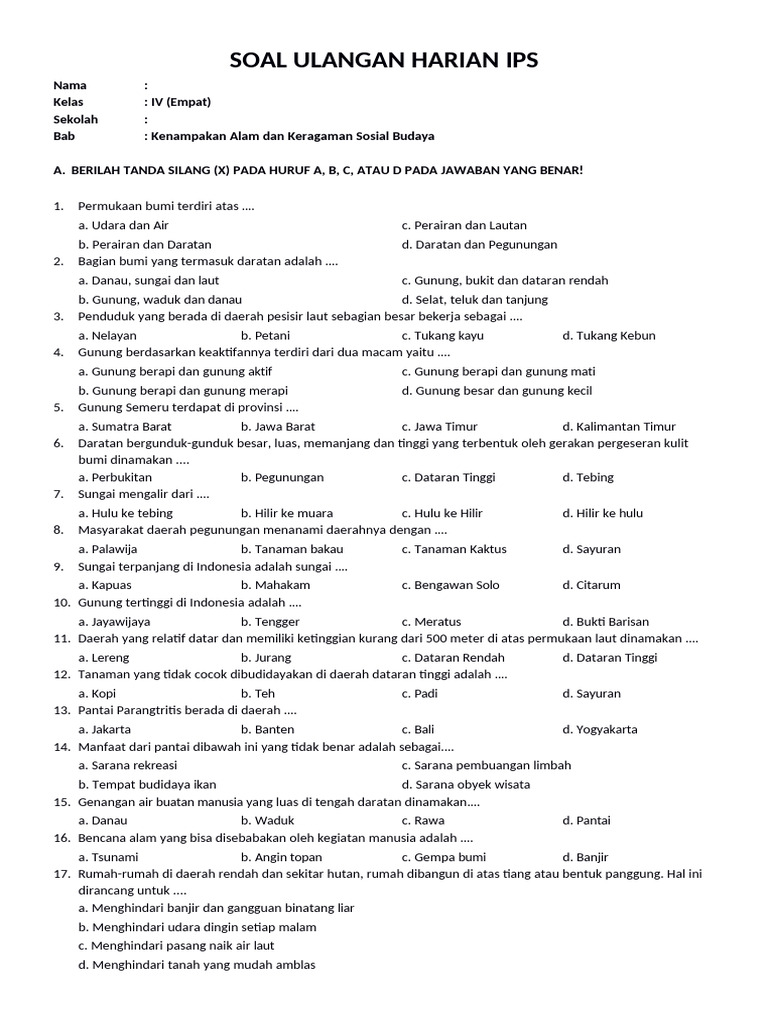 Soal IPS Kelas 4 SD Bab 2 Kenampakan Alam Dan Keragaman Sosial Budaya ...