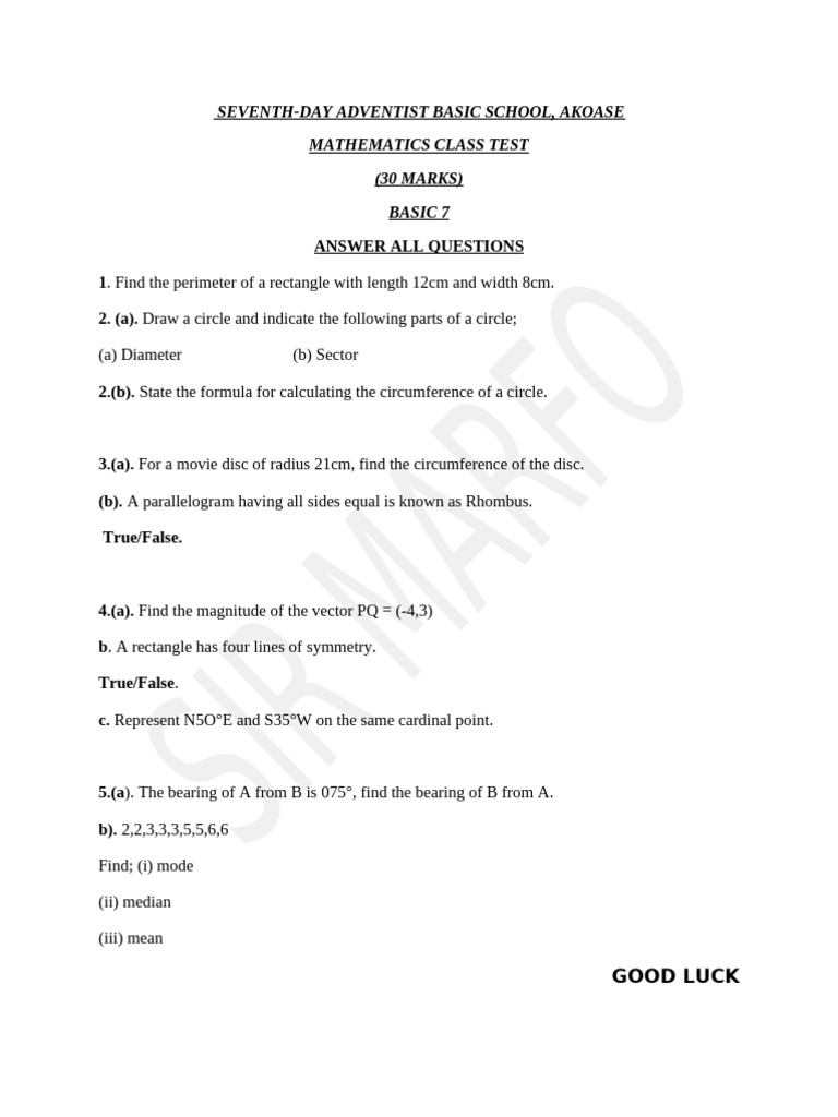 Basic 7 Mathematics Test Questions | PDF