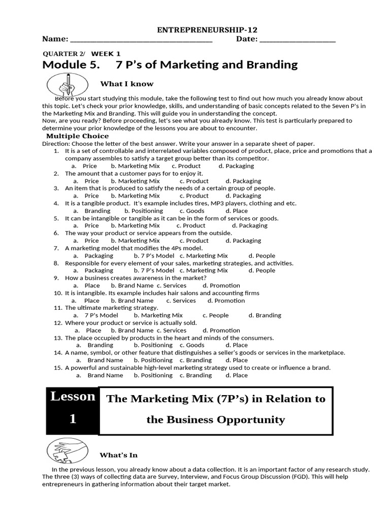 ENTREPRENEURSHIP 12 Module Q2 WK 1without AK | PDF | Brand | Marketing