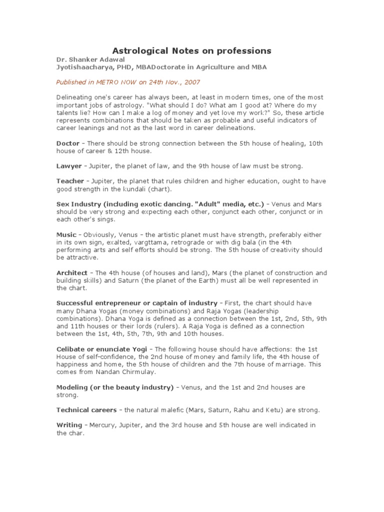 Astrological Notes On Professions | PDF | Planets In Astrology | Astronomy
