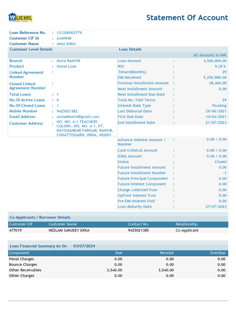 Statement of Account: Loan Reference No. Customer CIF Id Customer Name ...