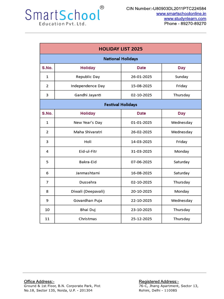 Holiday Calendar 2025 | PDF