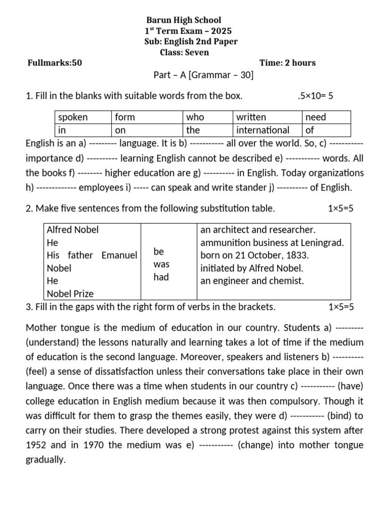 Class - 7 - English 2nd Paper | PDF | English Language | Linguistics