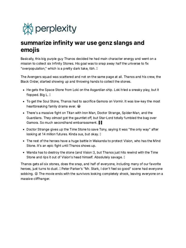 Summarize Infinity War Use Genz Slangs and Emojis | PDF
