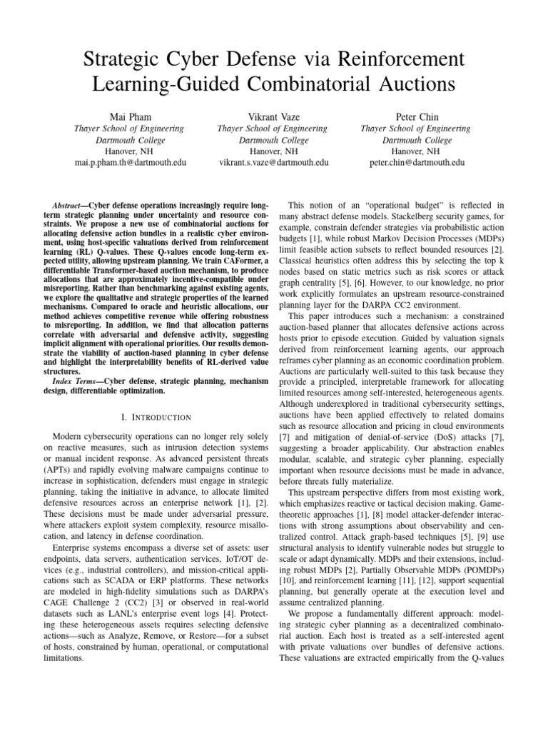 Strategic Cyber Defense Via Reinforcement Learning-Guided Combinatorial Auctions | PDF ...