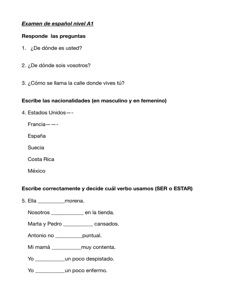 Examen de español A1: Preguntas y ejercicios | PDF