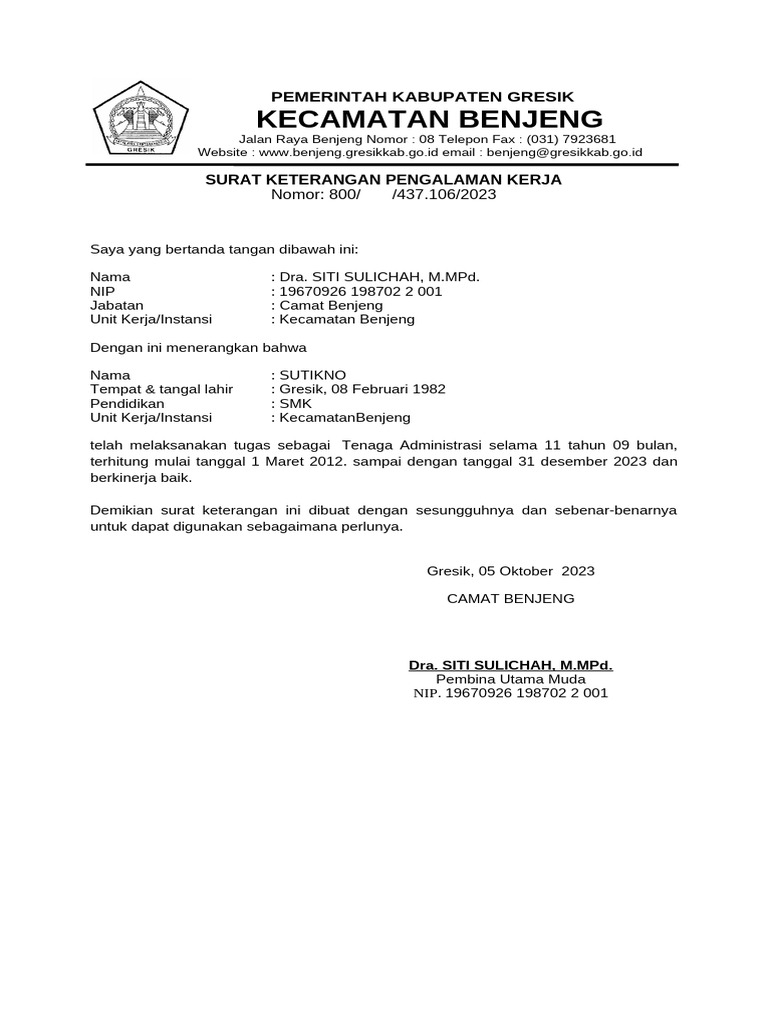 Contoh Surat Keterangan Pengalaman Kerja Untuk Instansi Pemerintah | PDF