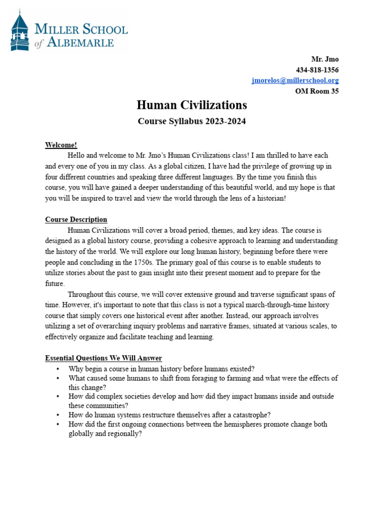 Human Civilizations Course Syllabus 2023-24 | PDF