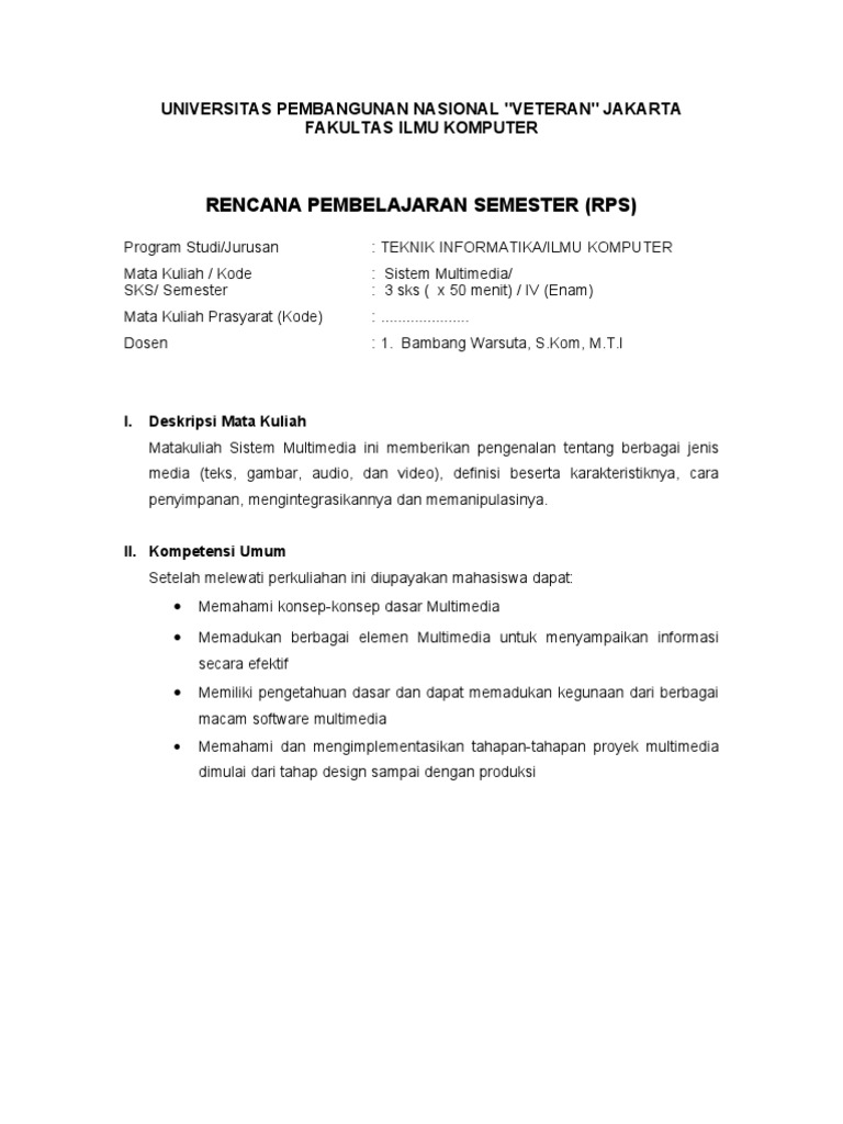 SAP Mata Kuliah Sistem Multimedia (Bambang Warsuta) | PDF