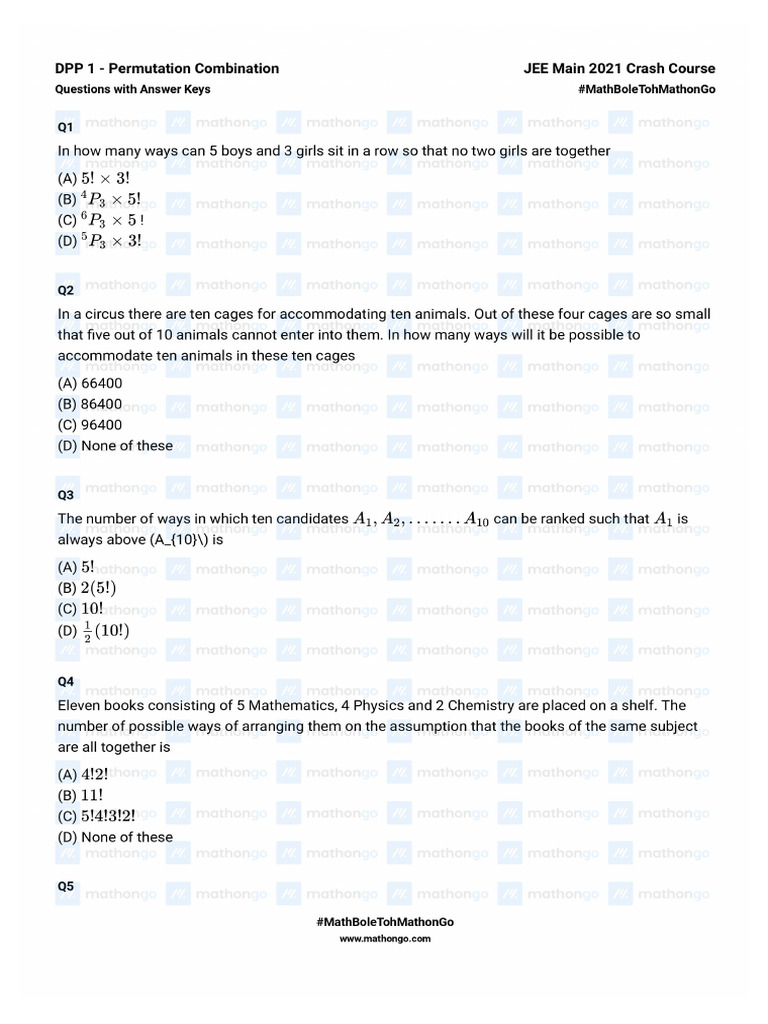 DPP 1 Permutation Combination Question Mathongo | PDF