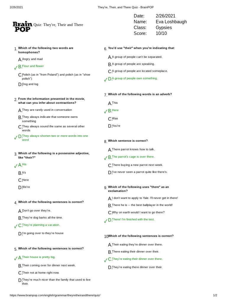 They'Re, Their, and There Quiz - BrainPOP | PDF | Chess Theory ...