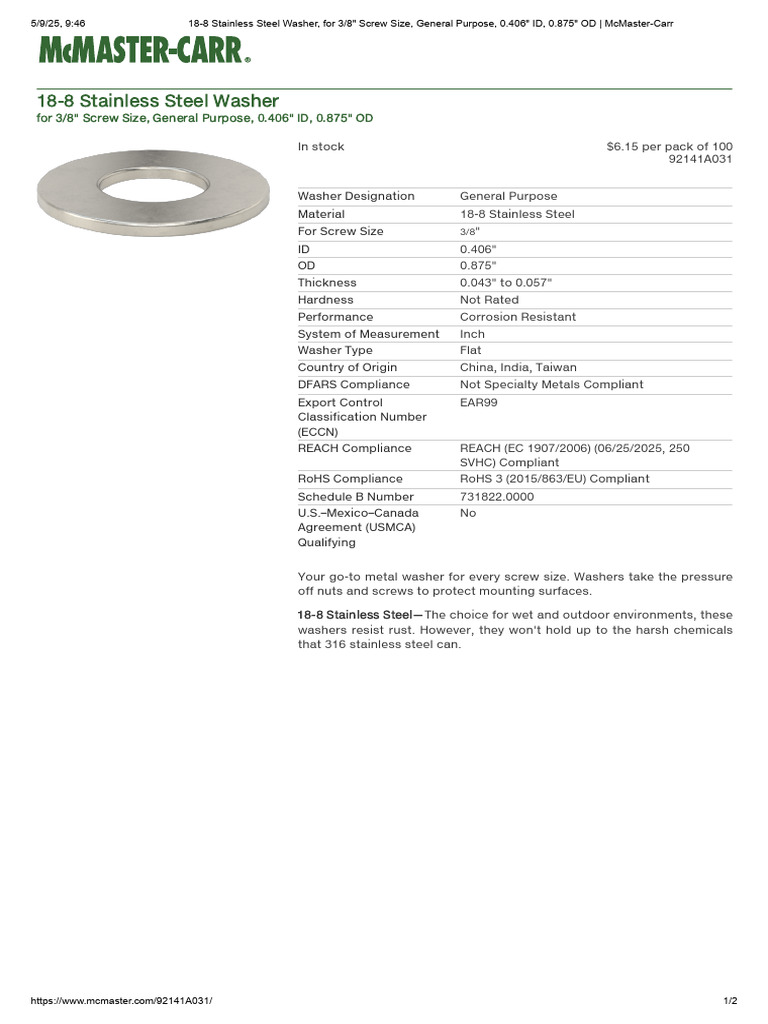 18-8 Stainless Steel Washer, For 3 - 8 - Screw Size, General Purpose, 0 ...