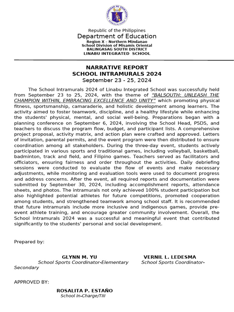 Narrative Report: School Intramurals 2024 | PDF