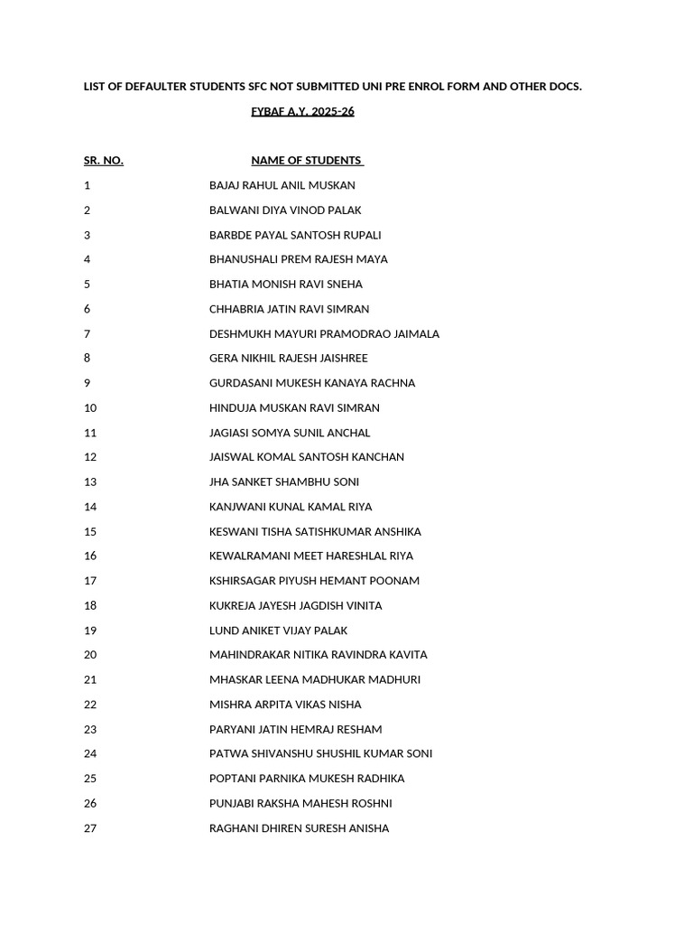 List of Defaulter Students SFC Not Submitted Uni Pre Enrol Form and ...