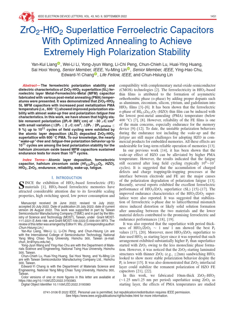 ZrO2-HfO2 Superlattice Ferroelectric Capacitors With Optimized Annealing to Achieve Extremely ...