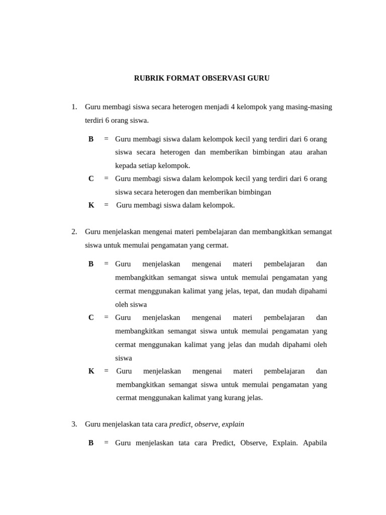 Rubrik Format Observasi | PDF