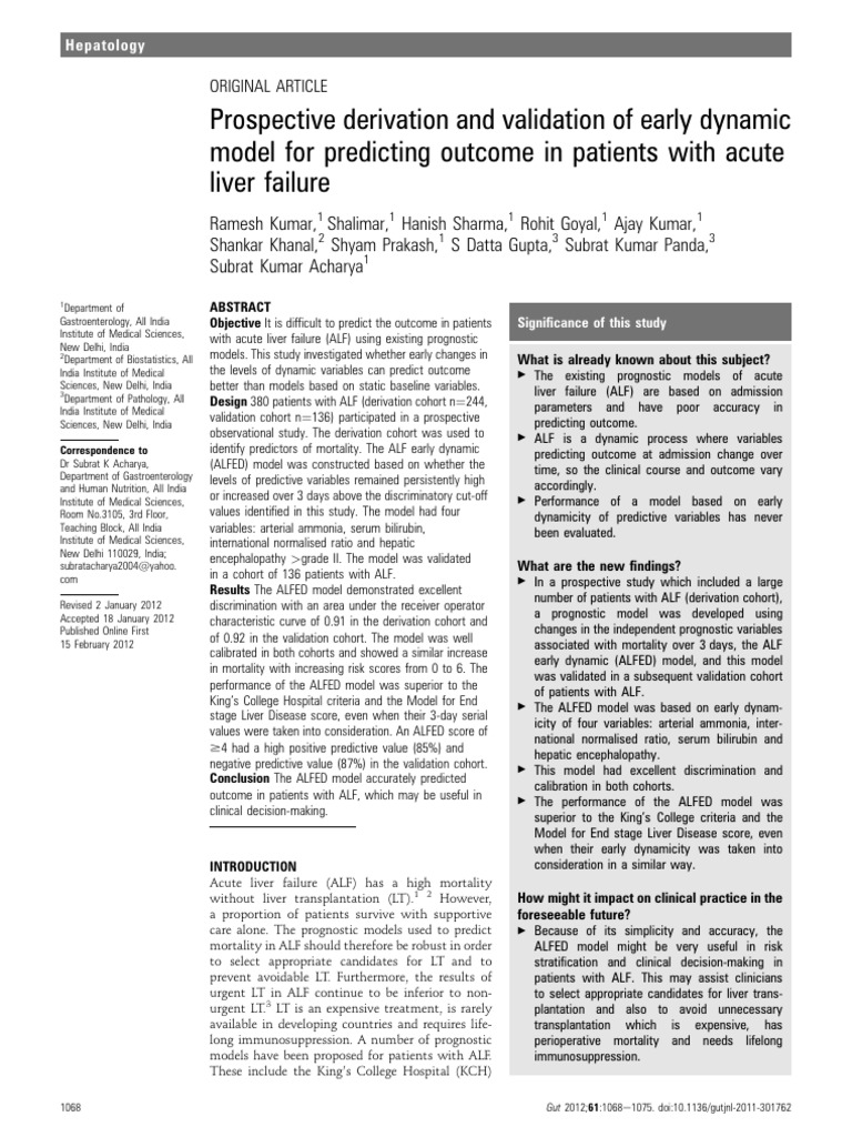 ALFED Model for Acute Liver Failure Prognosis | PDF | Receiver ...