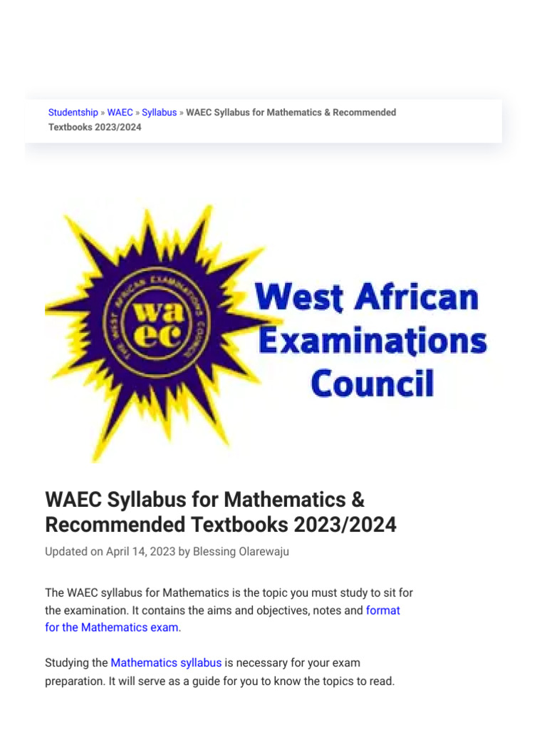 WAEC Mathematics Syllabus 2023/2024 | PDF | Mathematics | Arithmetic