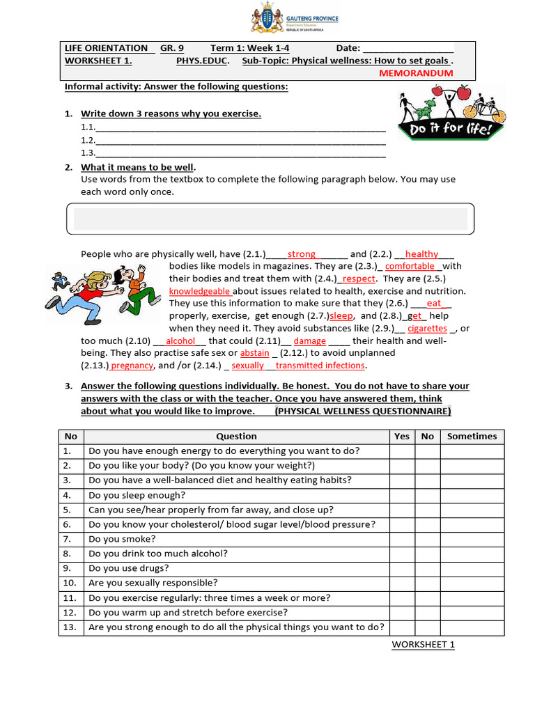 Gr. 9 Physical Wellness Goal Setting Worksheet | PDF | Pulse | Medical ...
