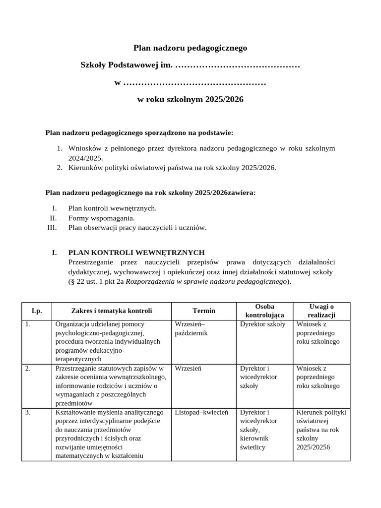 03 Plan Nadzoru Pedagogicznego w Roku Szkolnym 2025-2026 2 | PDF