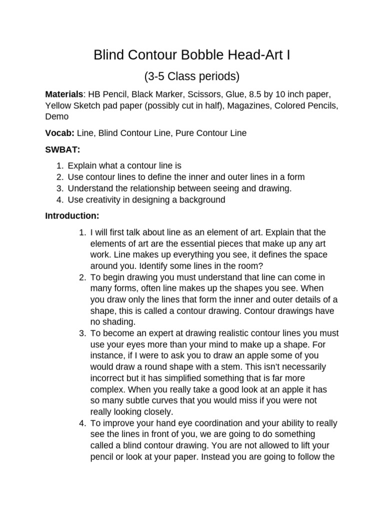 Blind Contour Bobble Head Lesson Plan | PDF | Drawing | Pencil