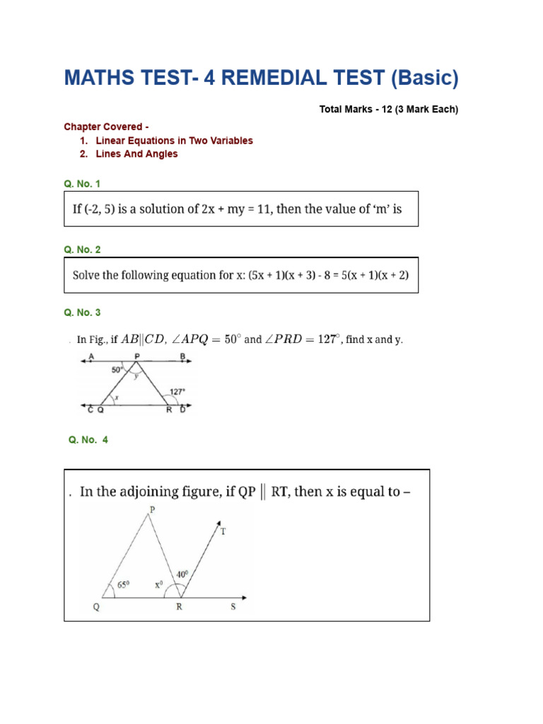 Maths Test- 4 Remedial Test (Basic) | PDF