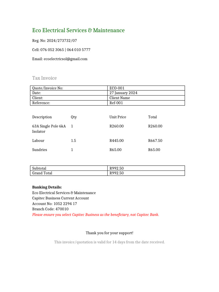 Eco Electrical Services Invoice ECO-001 | PDF
