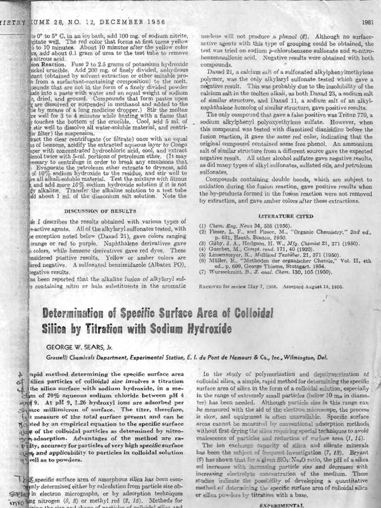 Colloidal Silica Sears Titration 1956 | PDF