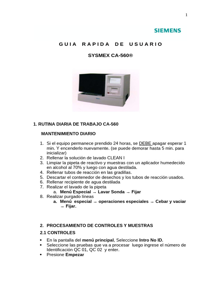 Guía Rápida de Uso SYSMEX CA-560 | PDF
