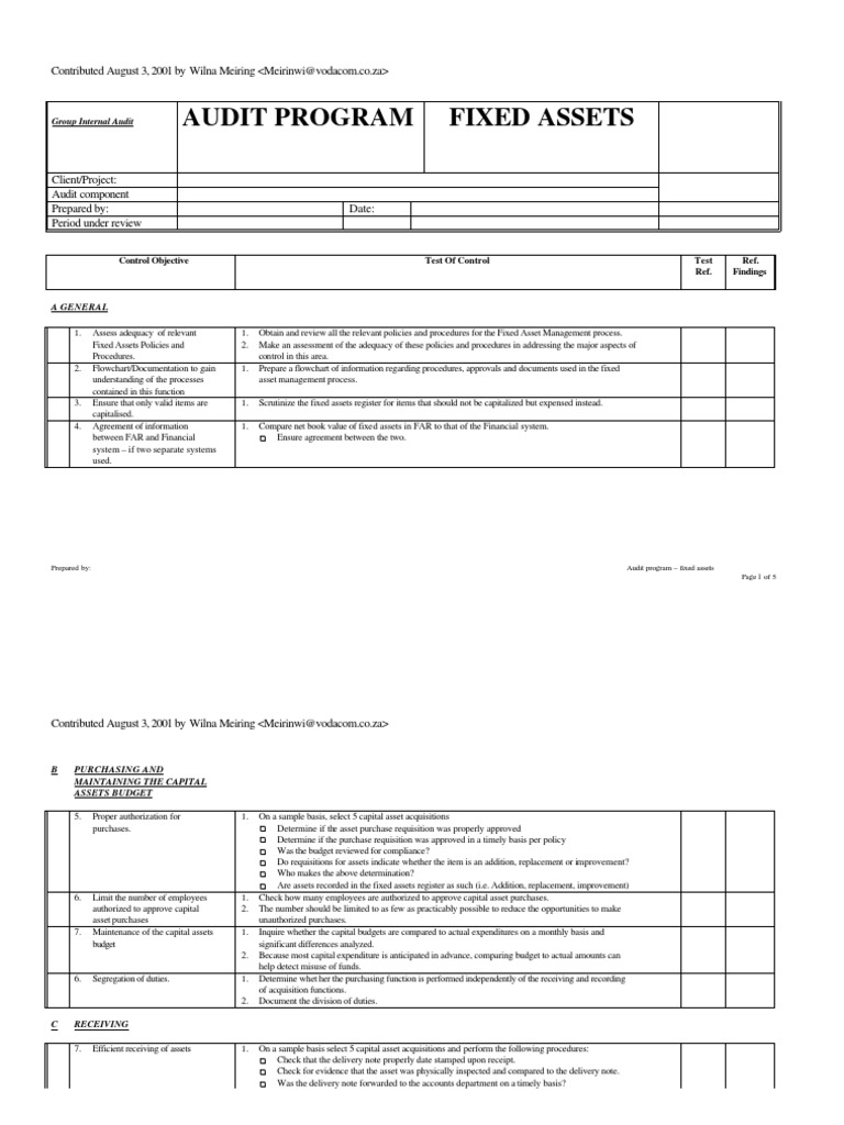Audit Program Fixed Assets | Depreciation | Inventory