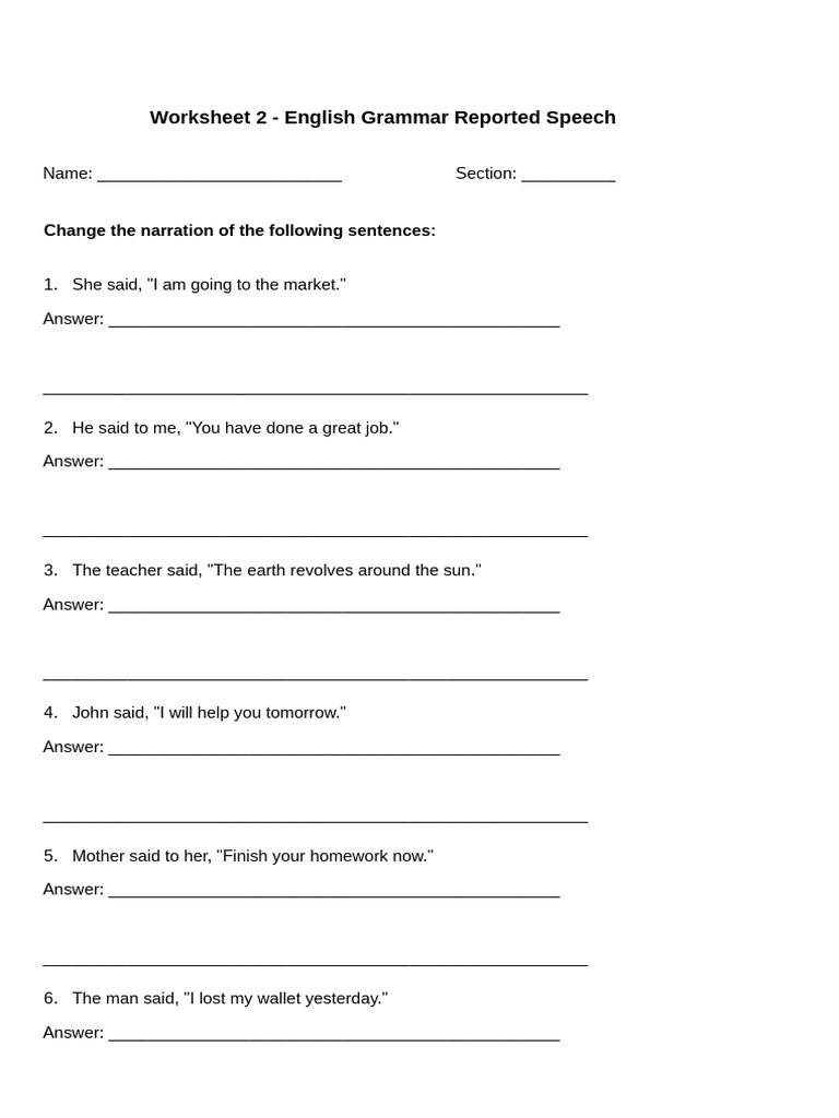 Narration Worksheet Class9 OnePage | PDF