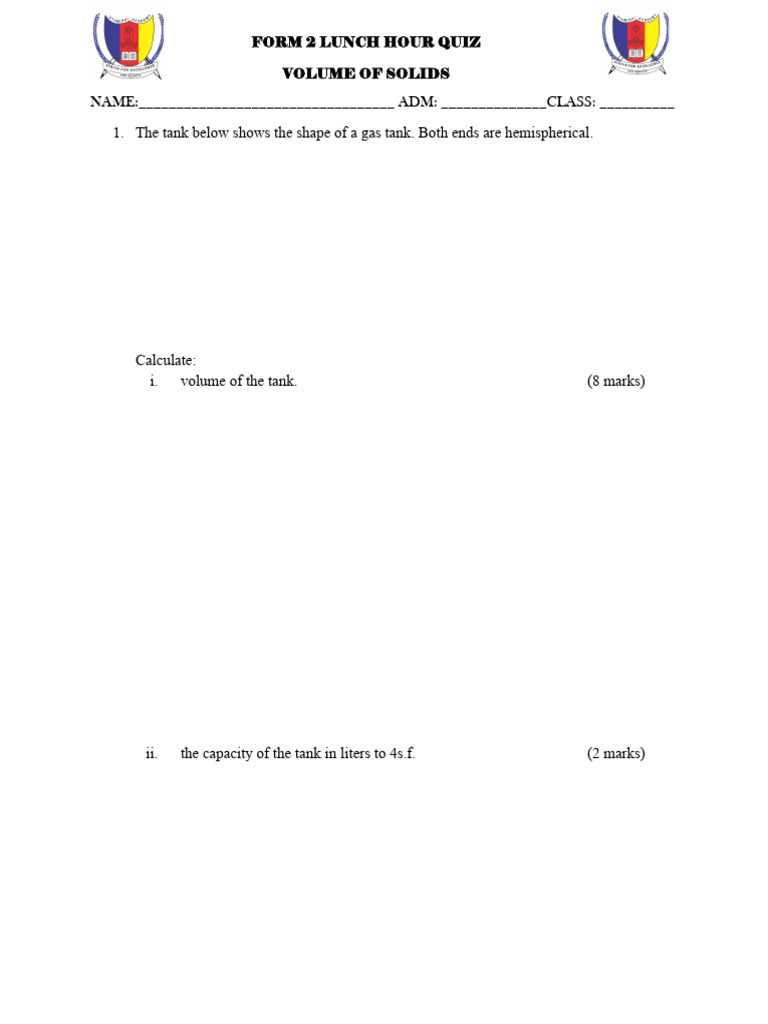 Volume of Solids Quiz for Form 2 | PDF