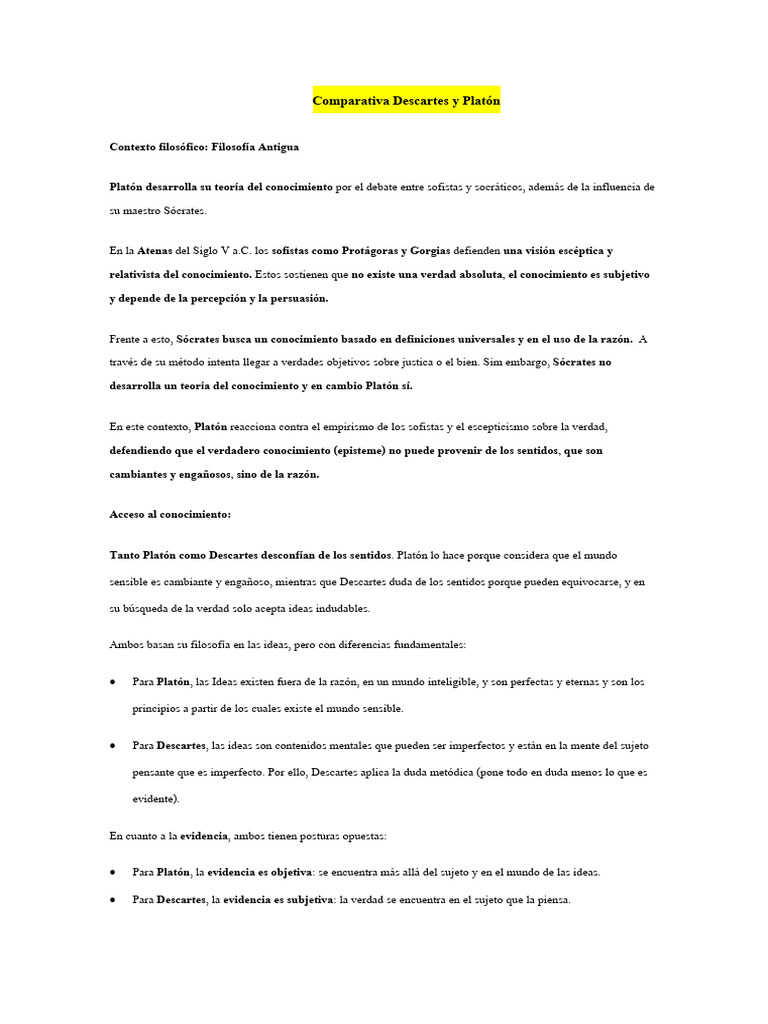 Comparativa Descartes, Platón y Tomas de Aquino 2 Bach | PDF | Platón ...