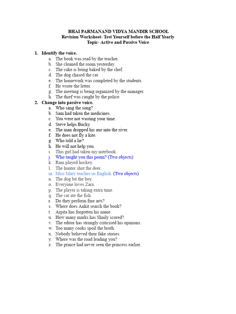 Class VII- Revision Worksheet II- Active and Passive Voice- Half Yearly ...