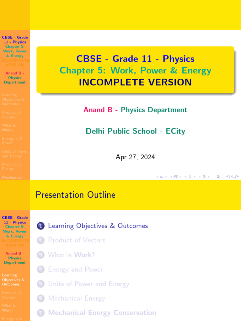 CBSE - Grade 11 - Physics: Chapter 5: Work, Power & Energy | PDF ...