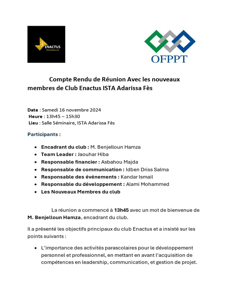 Réunion des Nouveaux Membres Enactus Fès | PDF