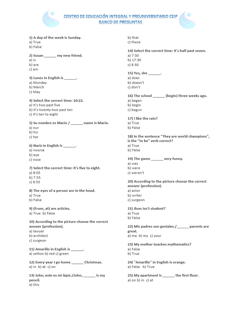 English Language Quiz for Beginners | PDF | Classroom | Meal