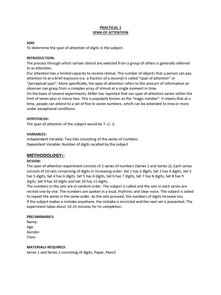 Class 11 Span of Attention Experiment | PDF | Attention | Experiment