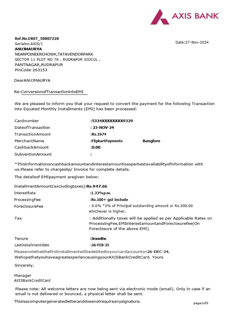 Axis Bank EMI Conversion Details | PDF | Credit Card | Interest