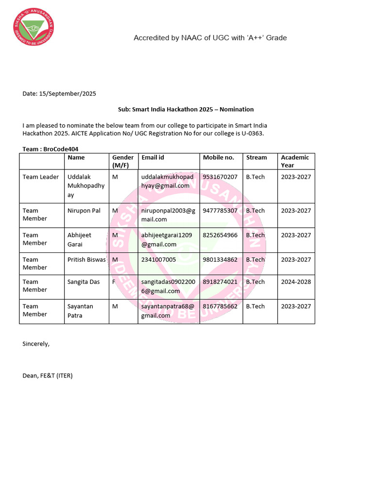 College Authorization Letter SIH2025 - Top 50 Teams 30 | PDF