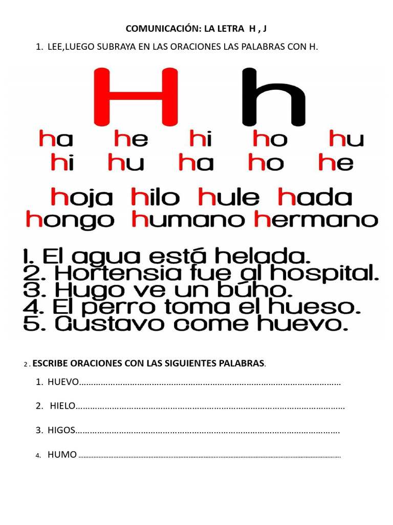 Ejercicios de Comunicación: Letras H y J | PDF