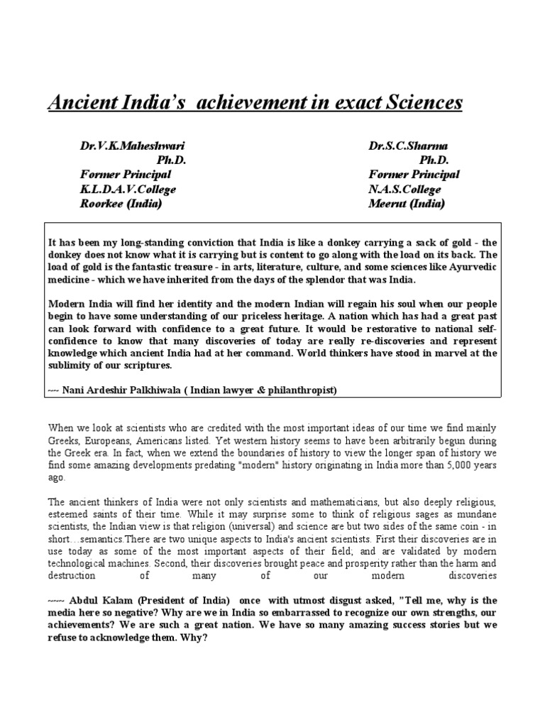 Ancient India’s Achievements in the Exact Sciences: Revisiting India's ...