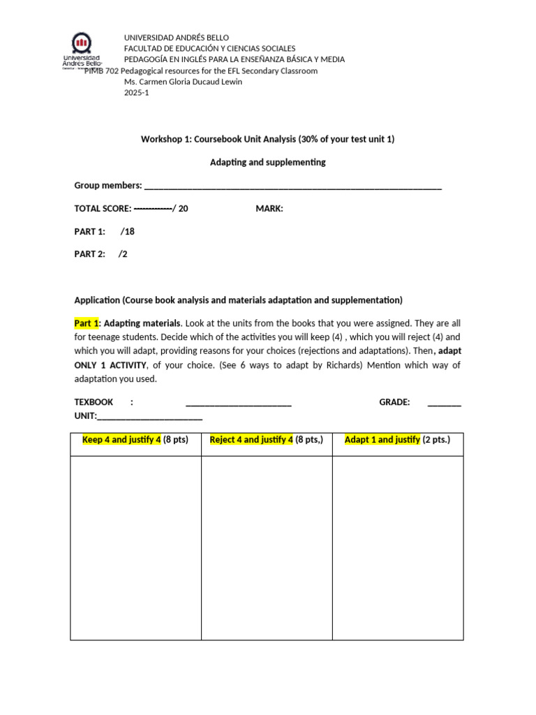 FInal Workshop Unit 1 Coursebook Analysis Pedagogical Resources 2025-1 | PDF