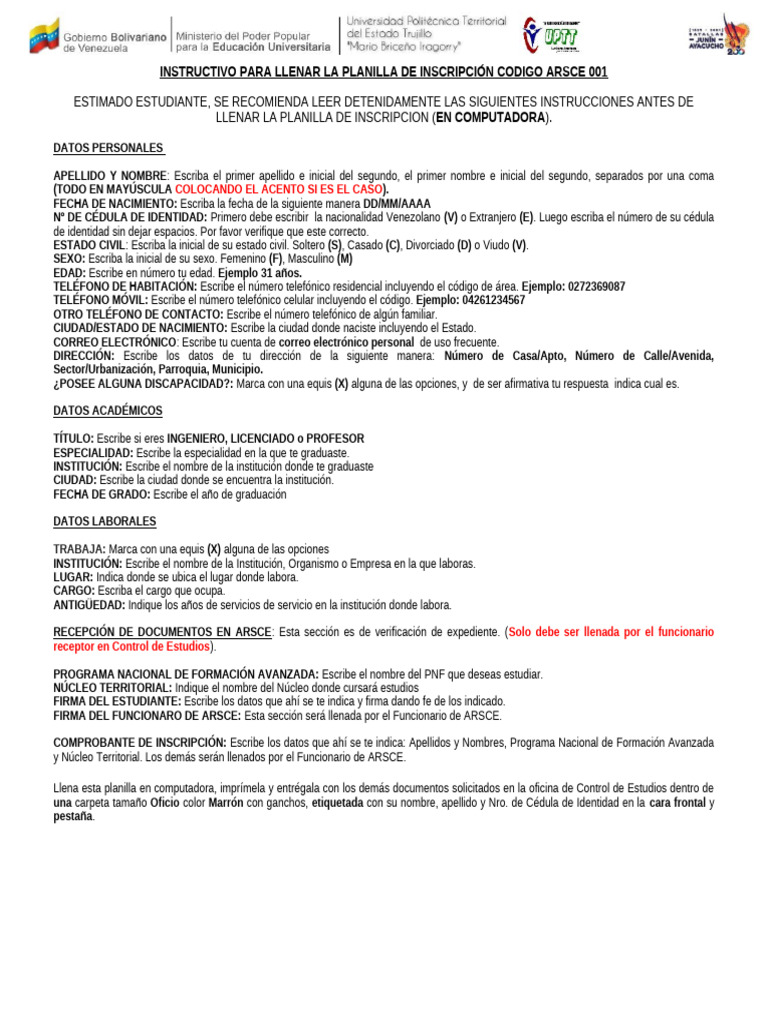 Instrucciones para Inscripción ARSCE 001 | PDF