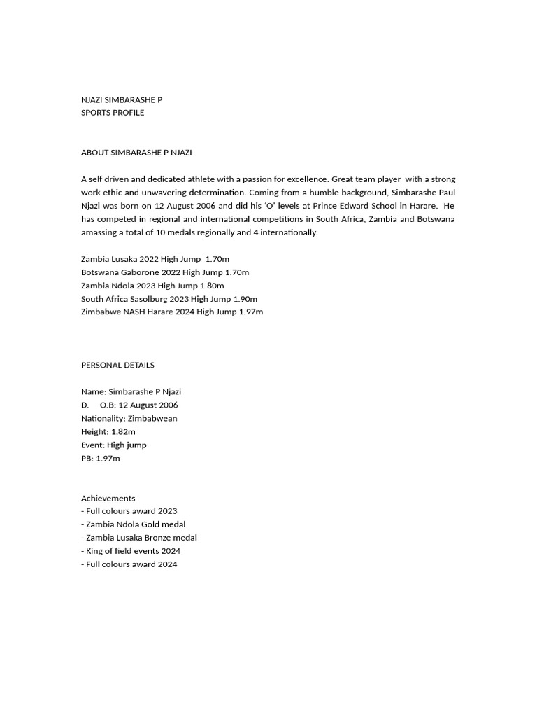 Simbarashe Njazi: High Jump Profile | PDF