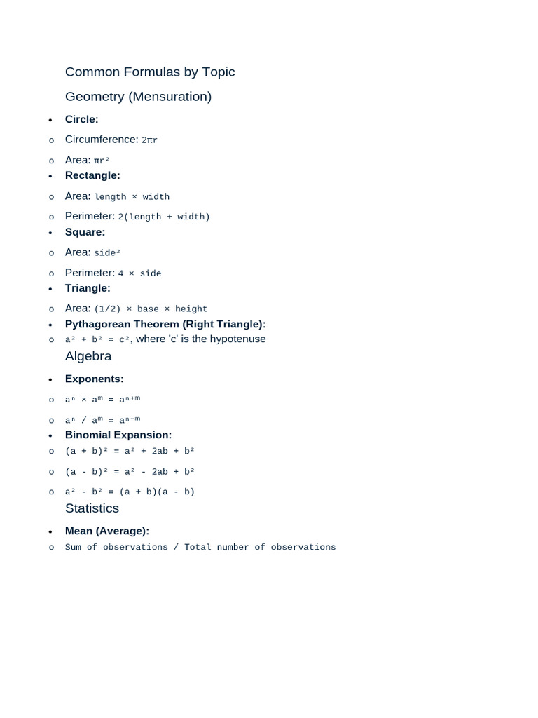 Class 10 Maths Formulas Summary | PDF