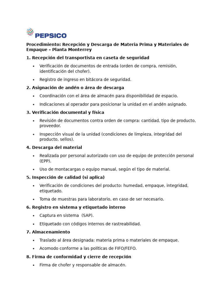 Procedimiento de Recepcion y Horarios | PDF