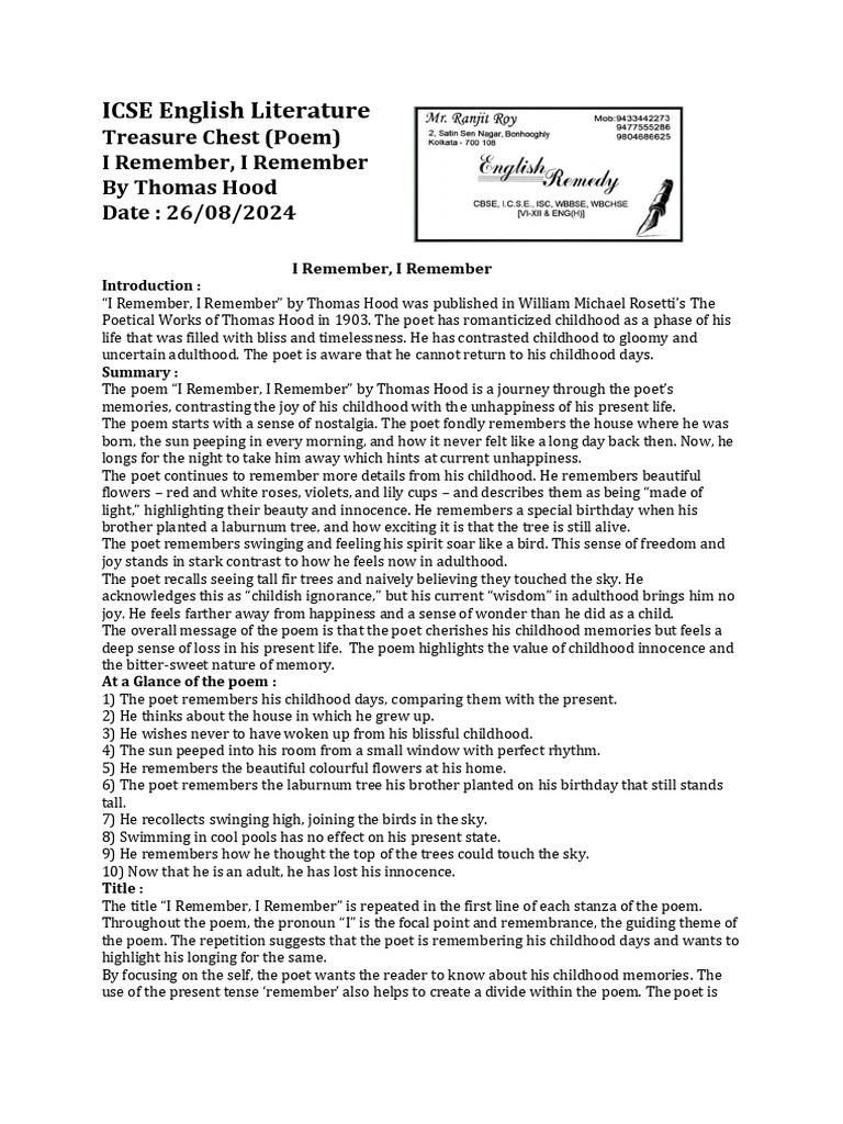 ICSE Poem I Remember I Remember | PDF | Poetry | Nostalgia